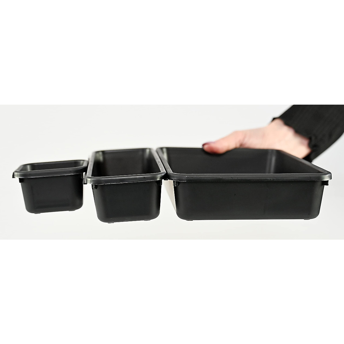 HOME-X Connecting Organizer Trays, Set of Interlocking Adjustable Trays for Organizing Office Supplies and Kitchen Utensil Drawers, Set of 8, 3 Sizes, Black