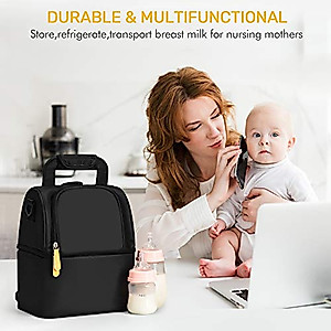 NCVI Breastmilk Cooler Bag with Ice Pack, Insulated Lunch Bag for Women Men, Baby Bottle Bag Fits 6 Bottles for Nursing Mom Daycare, Double Deck Cooling Bag, Work, Picnic (Black)