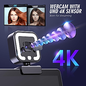 Hemisol 4K Webcam, Web Camera with Microphone and Fill Light, HD Autofocus Computer Camera with Privacy Cover and Tripod Stand Streaming Webcam,Plug&Play USB Wbcam for Pc Laptop Desktop Video Calling