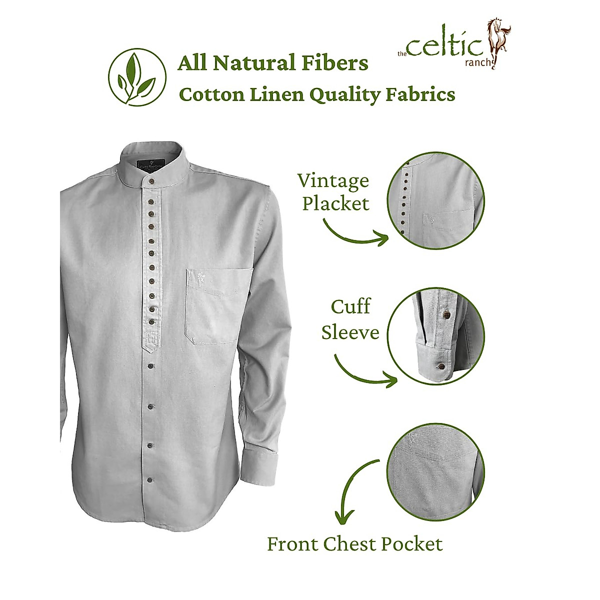 The Celtic Ranch Collarless Shirt for Men, Irish Grandfather Cotton Linen Long Sleeve Button Down Banded Collar Dress Shirt with Pocket (Grey Ash, XL)