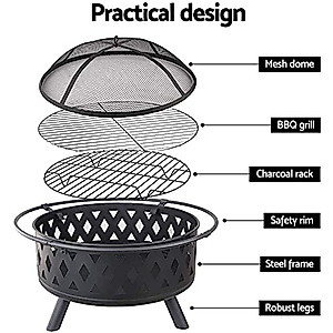 LEAYAN Garden Fire Pit Grill Bowl Grill Barbecue Rack Fire Pit Outdoor Wood Burning Pits for Outdoor Backyard Patio Bonfire Campfire Grill Grate Mesh Spark Screen Poker Waterproof Cover Included