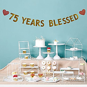 Betteryanzi Gold 75 Years Blessed Banner,Pre-strung,75th Birthday/Wedding Anniversary Party Decorations Supplies,Gold Glitter Paper Garlands Backdrops,Letters Gold 75 YEARS BLESSED
