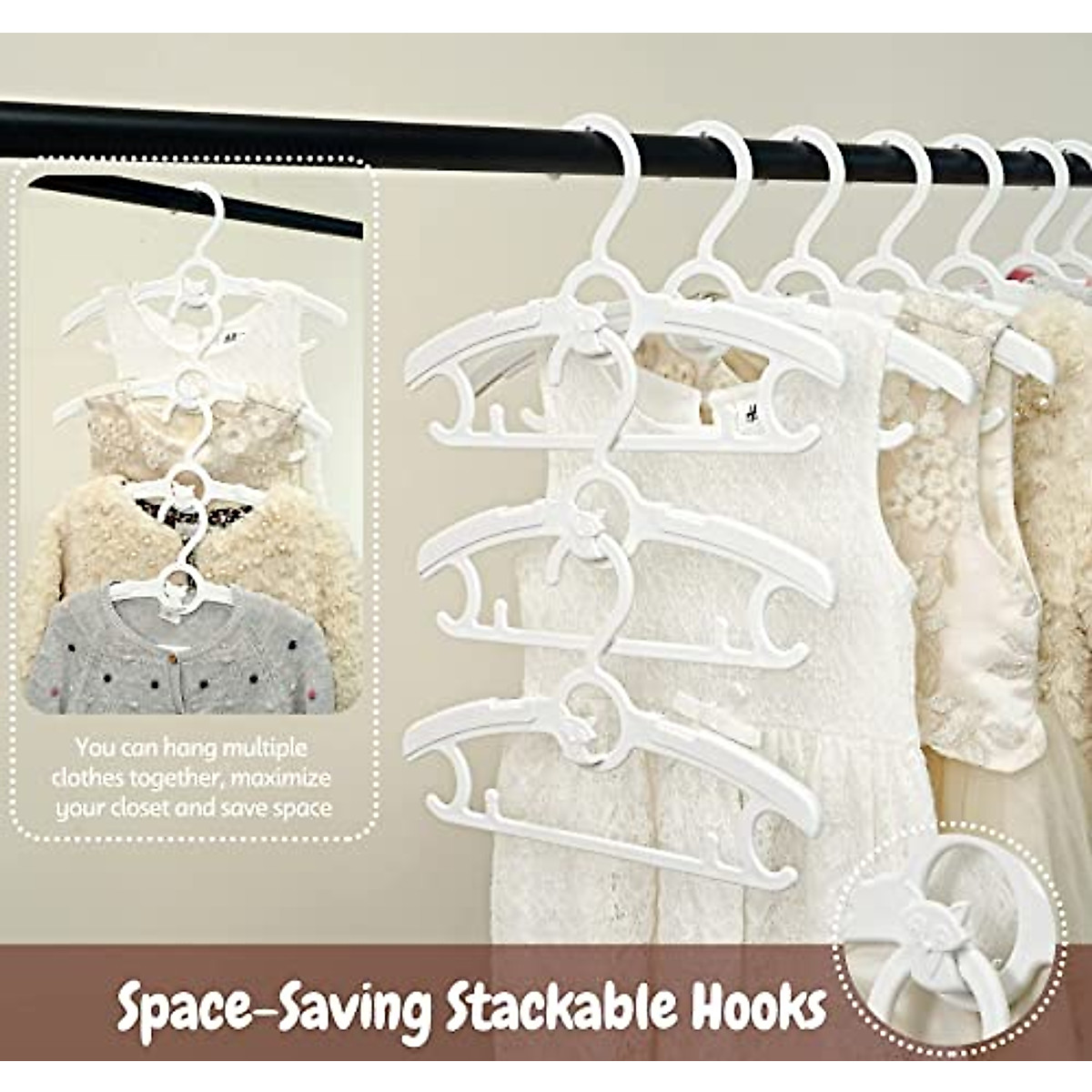 HOUÍSM Baby Hangers Adjustable for Nursery, 20Pack Cream White Baby Clothes Hangers, Cascading Fox Rack for Newborn Infant Toddler Child Closet, Boy Girl Connecting Bottom Hangers with Coat & Pants
