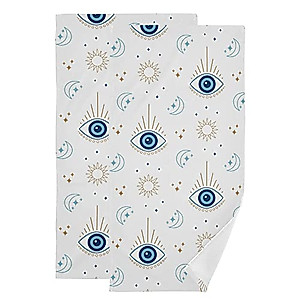 Kigai Evil Eye Hand Towels for Bathroom Set of 2, Soft Absorbent Cotton Face Washcloths for Kitchen Hotel Gym Swim Camp Beach Spa, 14 x 28 in