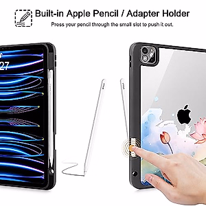 SUROCASE for iPad Pro 11 Inch M2 Case, Clear Back & TPU Cover with Trifold Stand+Pencil Holder for iPad Pro 11 Inch 4th Generation 2022 / 3rd Gen 2021/ 2nd Gen 2020 / 1st Gen 2018, Spring Lotus