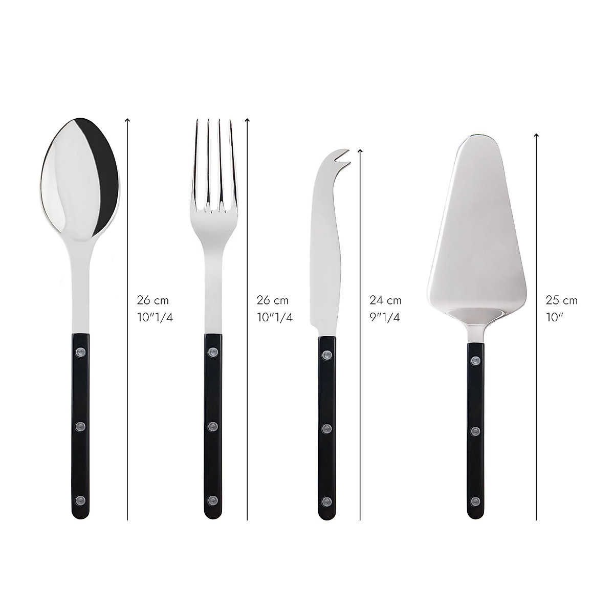 SABRE PARIS - 4-Piece Serving Set - Bistrot Collection - 2 Serving Flatware, Serrated Pie Server, Large Cheese Knife - Stainless Steel & Nylon - Dishwasher Safe - Black - Brilliant Finish