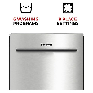 Honeywell 18 Inch Dishwasher with 8 Place settings, 6 Washing Programs, Stainless Steel Tub, UL/Energy Star- Stainless Steel