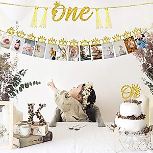 First Birthday Decorations, 1st Birthday Photo Banner for Newborn to 12Months, Gold “ONE” Birthday Banner and ONE Cake Topper for Birthday Party (Gold Glitter)
