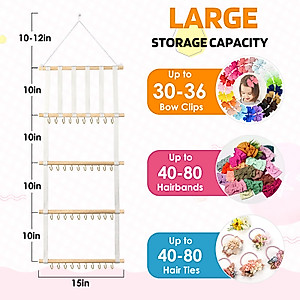 AILIKESE 5 Rows Hair Bow Organizer Bow Holder for Girls Hair Bows Hanging Baby Headband Holder Wooden Bow Organizer Suitable for Wall, Room, Door or Closet (Metal hooks)