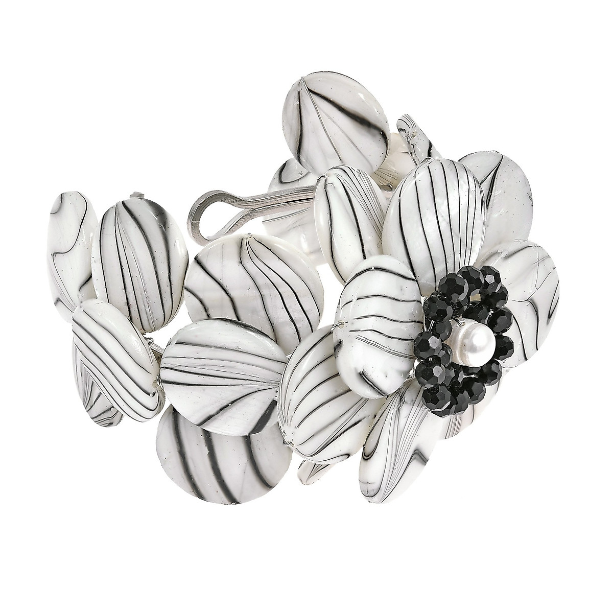 AeraVida Zebra Painted Mother of Pearl Shell Cluster Flower Cuff Bracelet | Adjustable Cuff Bracelet for Women | Floral Cuff Bracelet | Black and White Cuff Bracelet