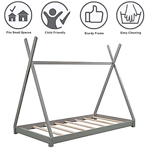 Harper & Bright Designs House Bed Twin for Kids, Toddler House Bed with Triangle Structure,Wood Floor Bed Frame for Girls Boys Bedroom Furniture, No Box Spring Needed,Grey