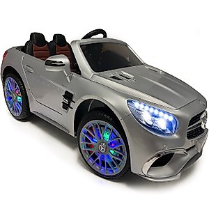 Americas Toys Kids Car with Remote Control, Mp4 Touch Screen, LED Wheels, Leather Seat – Electric Car for Kid to Drive, Open Trunk, Pull Handle, Compatible with Mercedes Benz Painted Silver