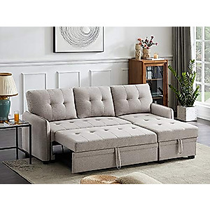 INFINI FURNISHINGS 84" Wide Sectional Sofa with Pull Out Sleeper Bed, Reversible Storage Chaise Lounge, Modern Tufted Line Design Sofabed, Light Gray