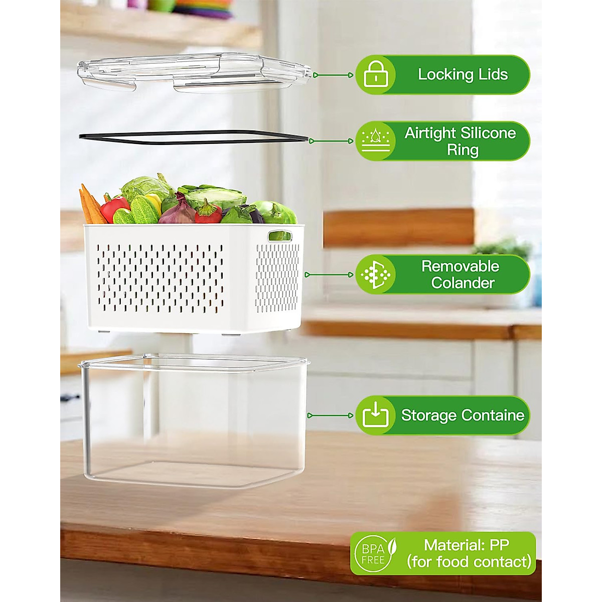 Extra Large 7 Pack Fruit Containers for Fridge,Stackable Refrigerator Organizer Bins with Removable Colander,Dishwasher & Microwave Safe Produce Containers Keep Fruits, Vegetables, Meat Fresh longer