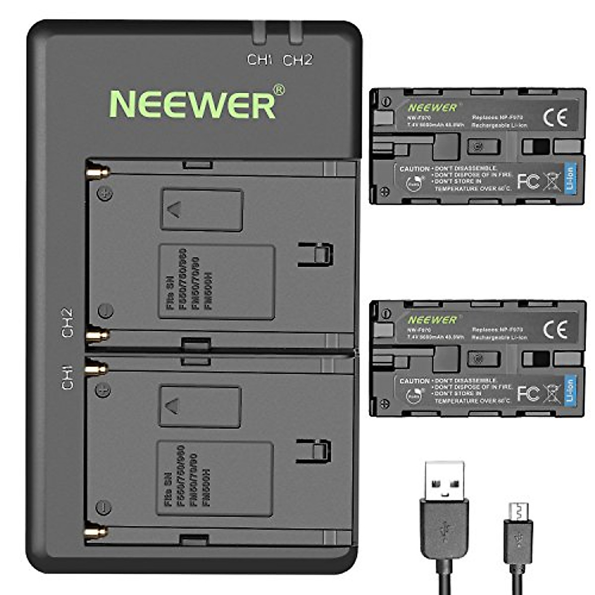 NEEWER 2-Pack 6600mAh Li-ion Replacement Battery with USB Charger, Compatible with Sony NP-F970 F960 F950 F770 F750 F570 F550 Handycams and NEEWER Led Light, Monitor, Motorized Slider