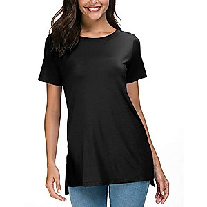 Herou Women Black Short Sleeve Tops Casual Summer Crewneck T-Shirt Tees with Side Split Black X-Large