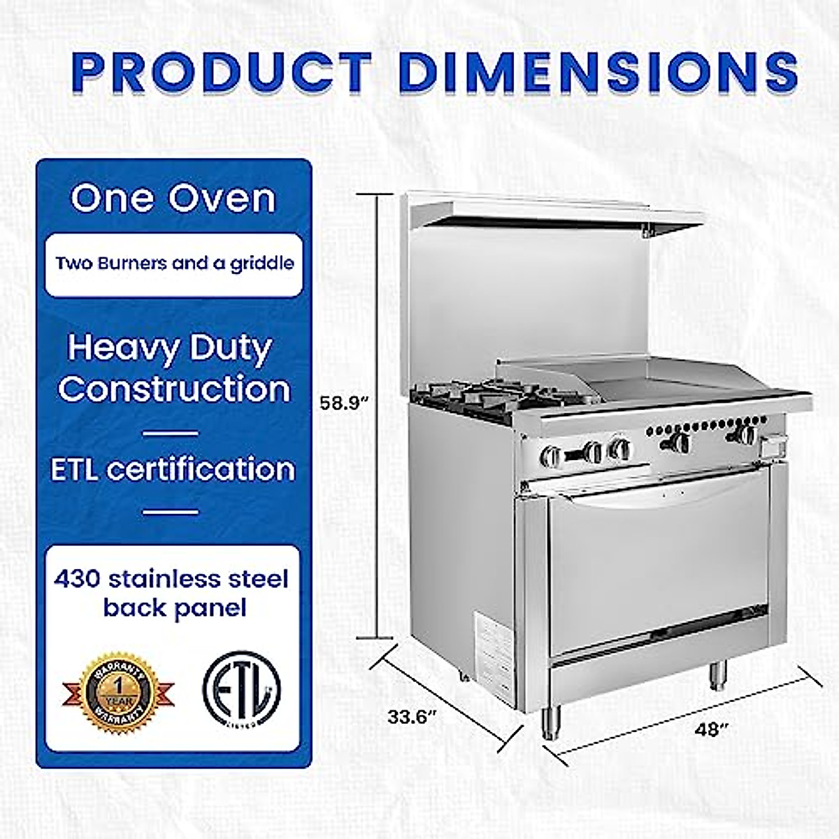 WMAOT 48" Commercial Range with 4 Burner 4.25 Cu.Ft 2 Electric Oven 24" Griddle 214000 BTU Manual Natural Gas Range for Commercial Kitchen Restuarant Bar