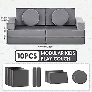 OFCASA 10PCS Modular Kids Play Couch, Toddler Baby Playroom | Bedroom Furniture for Playing, Children's Combo Sofa, Convertible Kids Sofa Couch with Soft Foam Sofa Cushions | Kids Fort Couch (Grey)