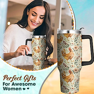 Ksoemar 40 Oz Chicken Tumbler with Handle and Straw, Double Wall Stainless Steel Mug, Insulated Rooster Cup Gifts for Chicken Lovers, Travel Mug