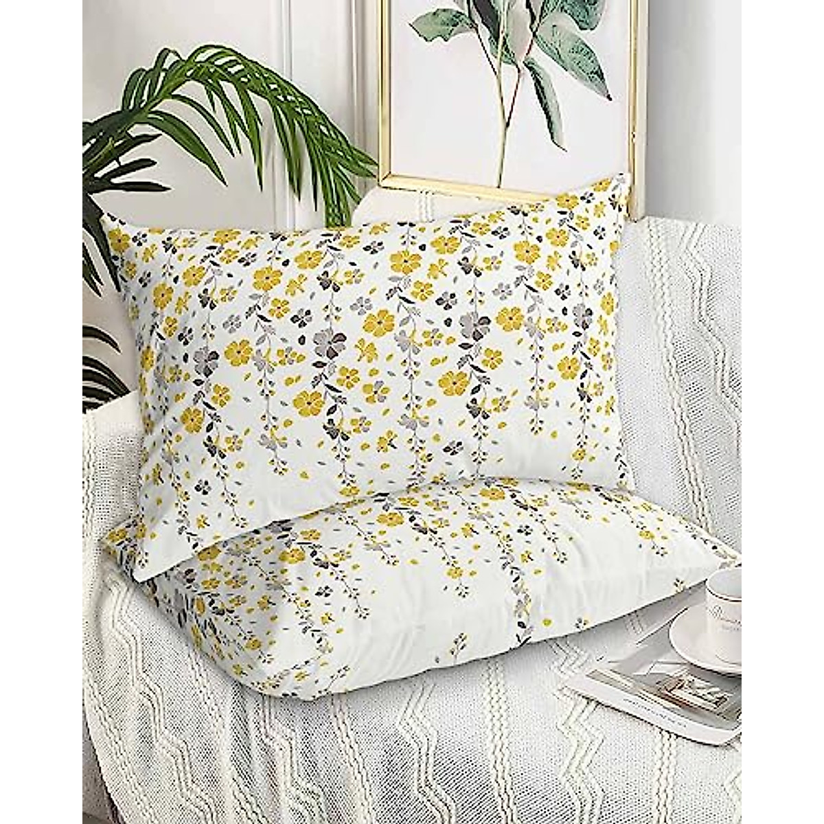 Weeping Flowers Pillow Covers King Standard Set of 2 20x36 Bed Pillow, Yellow Grey Summer Spring Floral Botanical Art Plush Soft Comfort for Hair/ Skin Cooling Pillowcases with Envelop Closure