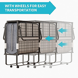 CECER Twin Size Rollaway Bed with 5 Inch Foam Mattress, 75" x 46" Folding Bed, Space-Saving Guest Bed with Headboard, Portable Foldable Bed for Adults with Sturdy Metal Frame and Dust Cover