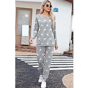 PrinStory Womens Pajama Set Long Sleeve Sleepwear Nightwear Soft Pjs Lounge Sets With Pockets FP-Pink Star-Large