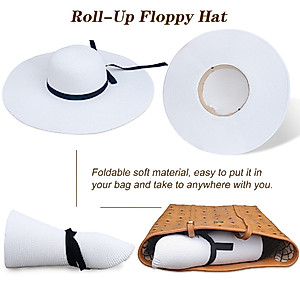 Naivlizer Women Wide Brim Sun Hat UPF50 Straw Summer Hat Floppy Beach Hat Roll-Up,Tie White