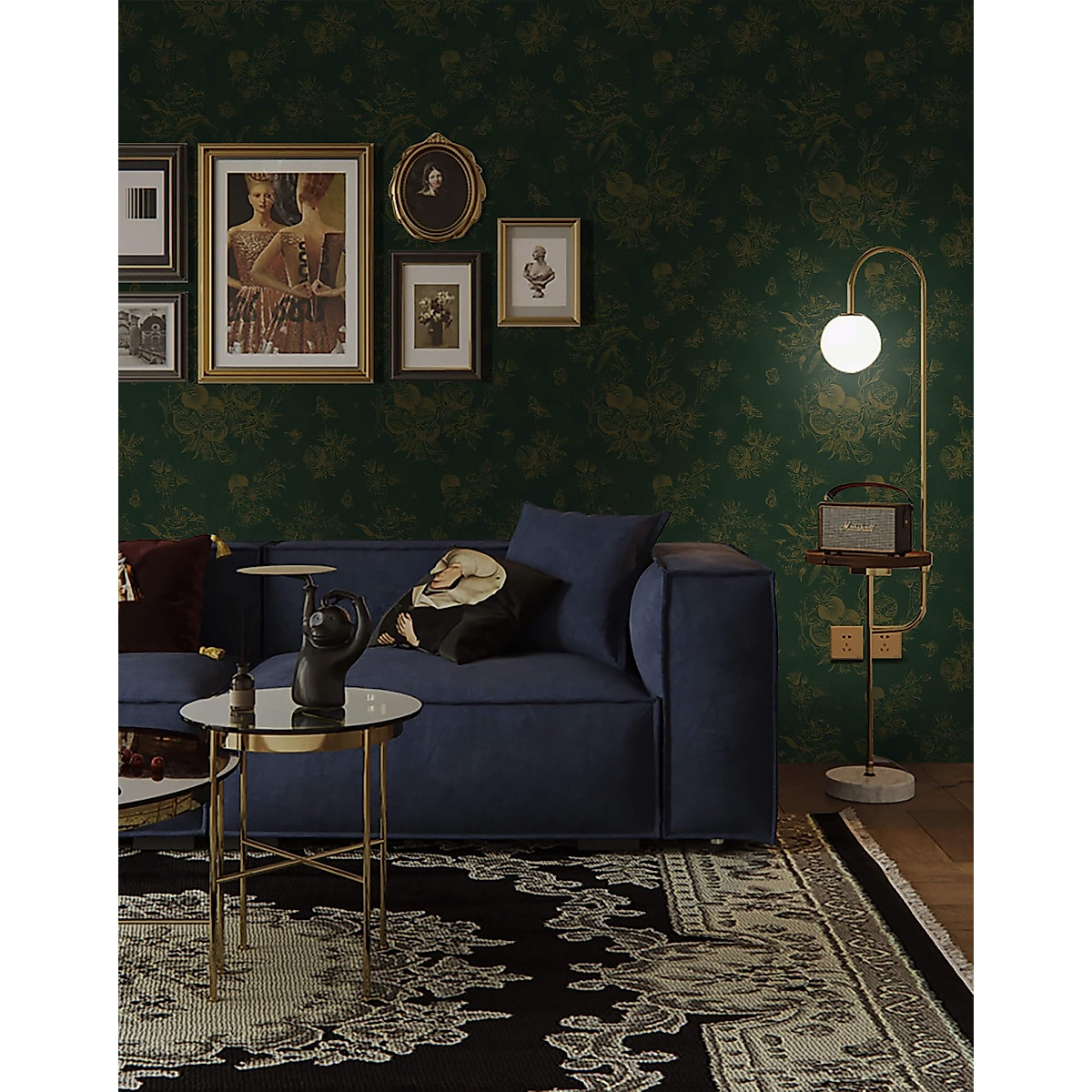 Dimoon 78.7"×17.3”Floral Peel and Stick Wallpaper Dark Green Golden Contact Paper Leaf Waterproof Butterfly Wall Paper Thicken Removable Vintage Self Adhesive Cabinets Shelf Liner Decal Vinyl Roll