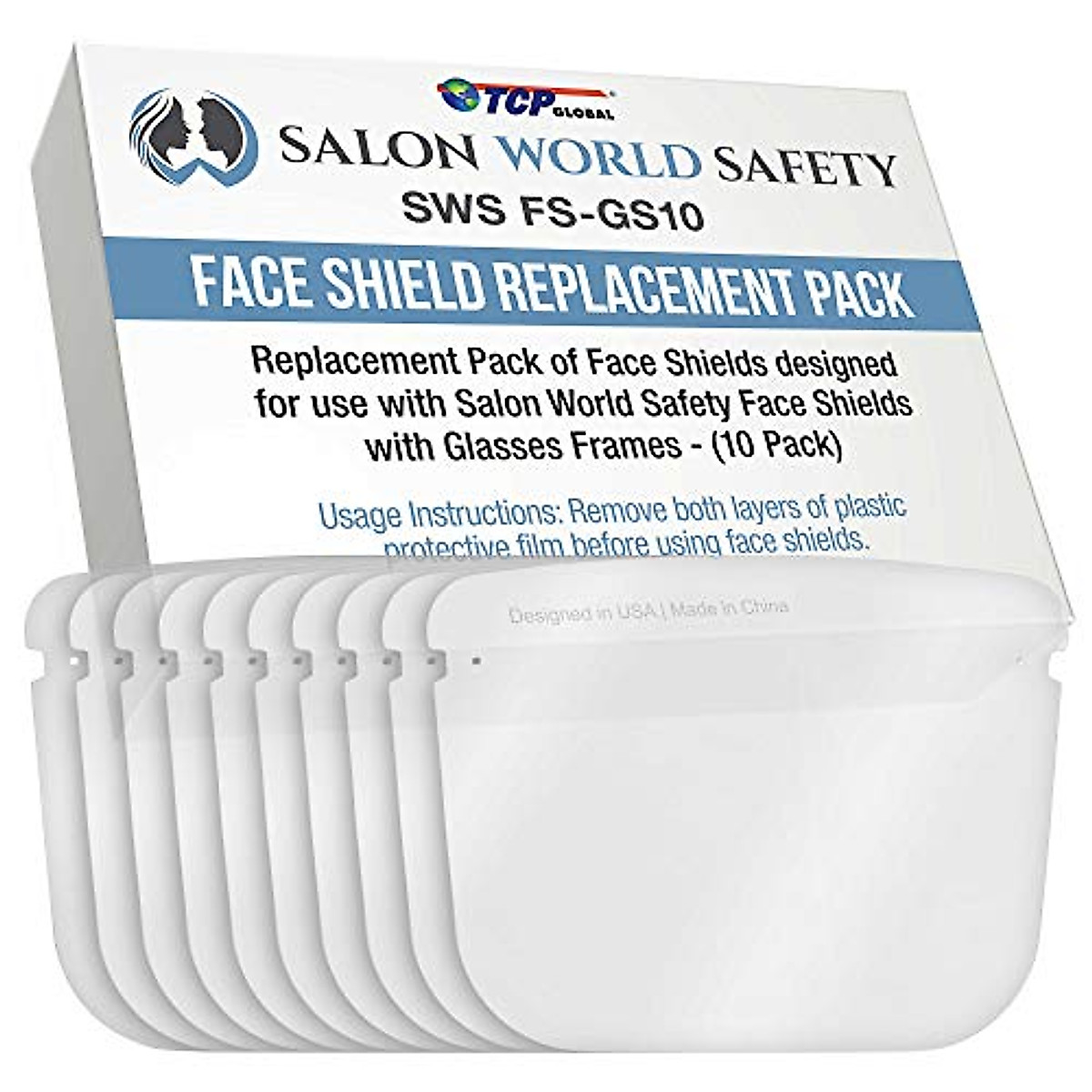 TCP Global Salon World Safety Replacement Face Shields Only (Pack of 10), Glasses Frames Not Included – Fits Most Brands, Ultra Clear, Full Face, Protect Eyes Nose Mouth, Anti-Fog PET Plastic, Goggles