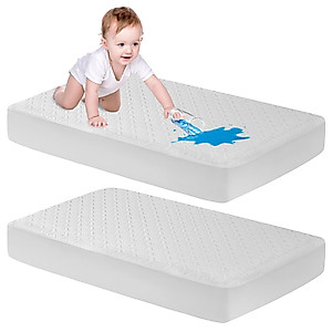 Oubonun Waterproof Crib Mattress Cover (Set of 2) - 52x28 White Crib Mattress Protector - Soft Fitted Baby Crib Mattress Pad with 9-inch Pocket - Bamboo Fiber Toddler Mattress Pad