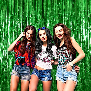 4 Pack Green Foil Fringe Curtain Backdrop, 3.28Ft x 8.2Ft Metallic Tinsel Foil Fringe Streamer Curtains for Photo Booth Props Decor Party Supplies