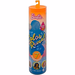 Barbie Color Reveal Doll with 7 Surprises: 4 Mystery Bags Contain Surprise Wig, Skirt, Shoes & Sponge; Water Reveals Metallic Blue Doll’s Look & Creates Color Change on Face & Wig