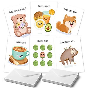24 Funny Thank You Cards With Envelopes - Fun Animals Punny Thank You Cards Kids Friendly - Cute Thank You Notes for Teachers and Students - Say Thanks a Melon, Thanks a Latte, and More Puns