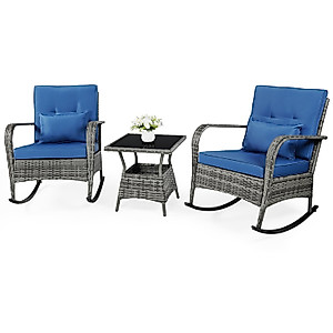 FUNKOCO 3 Pieces Patio PE Rattan Conversation Chair Set, Outdoor Furniture Rocking Chair Set with Water-Proof Cushion&Coffee Table for Garden,Backyard and Porch (Dark Blue)
