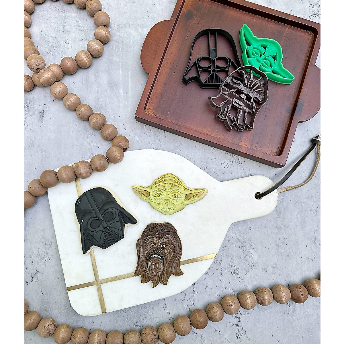 INSPIRED BY STAR WARS COOKIE CUTTERS. Inspired By Star Wars Darth Vader Black Mask, Green Yoda and Brown Chewbacca Face Head Cookie Cutters (3 Pack)