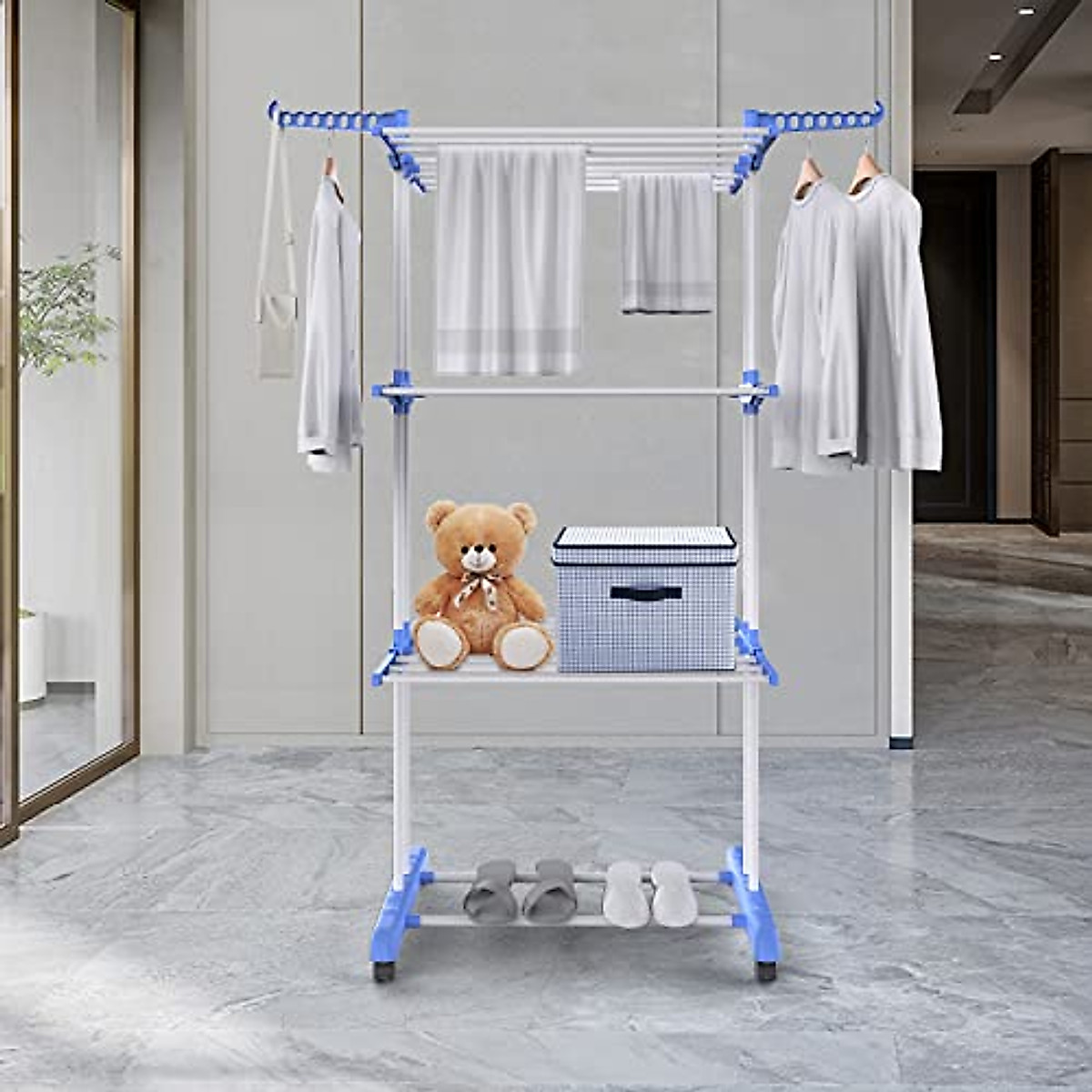 Mbillion Clothes Drying Rack Wall Mounted Space Saver Clothes Hanger Rack with Towel Bar Heavy Duty Suction Cups for Balcony Laundry Bathroom Patio and Bedroom (Blue)