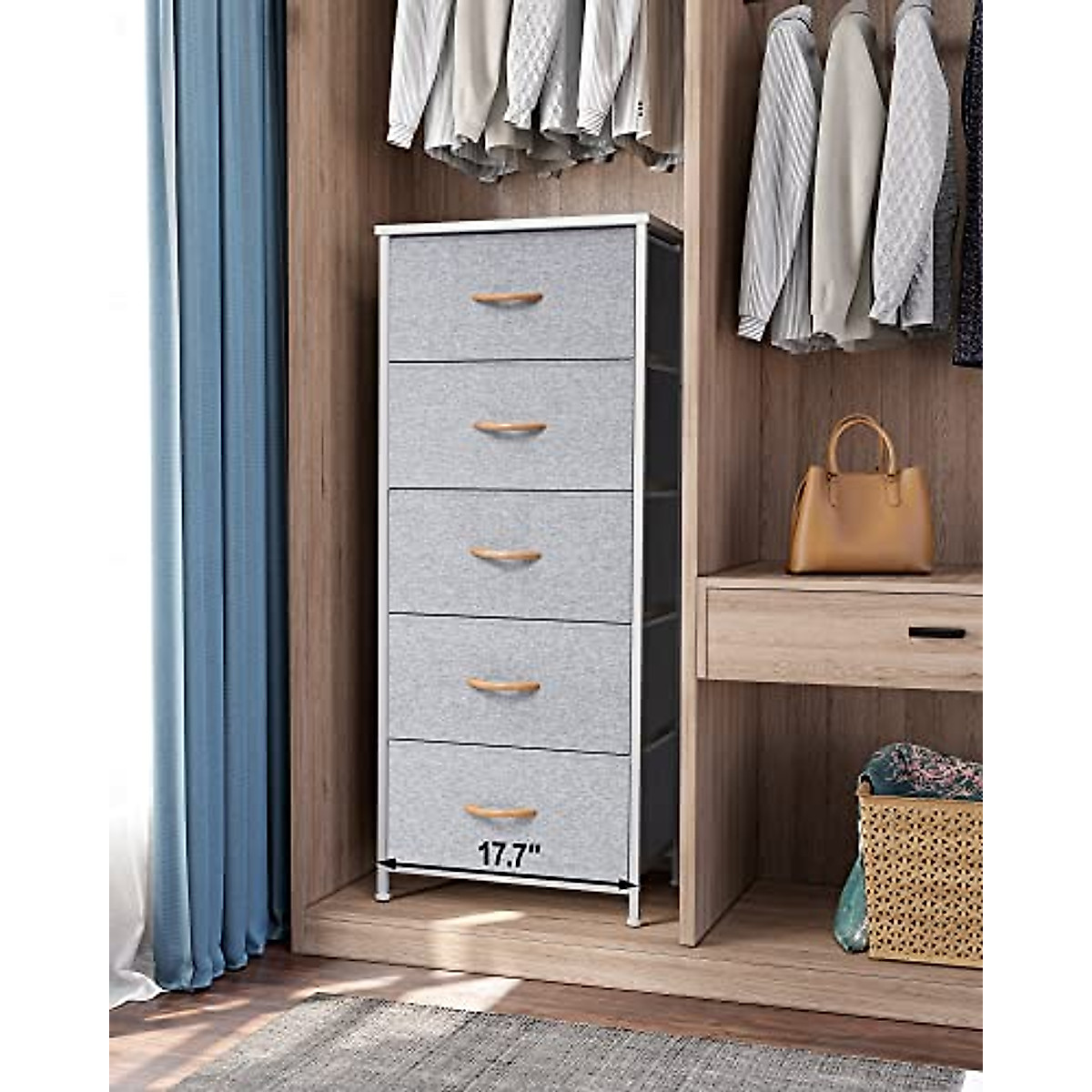 Crestlive Products Vertical Dresser Storage Tower - Sturdy Steel Frame, Wood Top, Easy Pull Fabric Bins, Wood Handles - Organizer Unit for Bedroom, Hallway, Entryway, Closets - 5 Drawers (Light Gray)