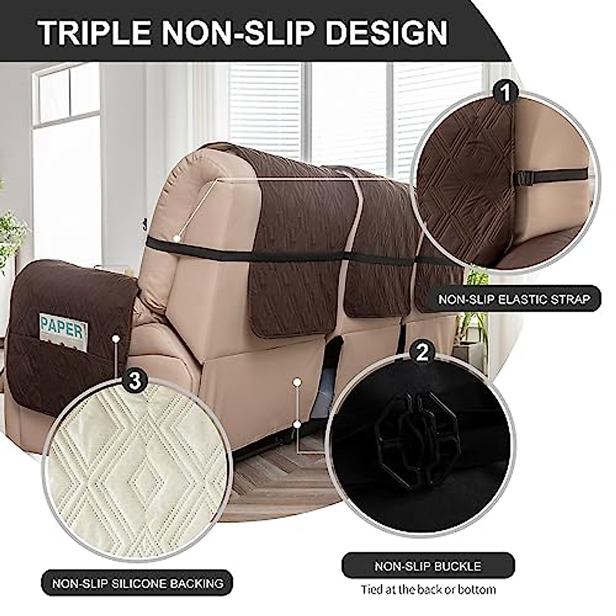 Genina Recliner Loveseat Cover Non-Slip, Sofa Cover for Reclining Couch 2 Seat, Loveseat Covers Double Recliner Furniture Protector Cover with Elastic Straps for Pets (Chocolate, Recliner Loveseat)