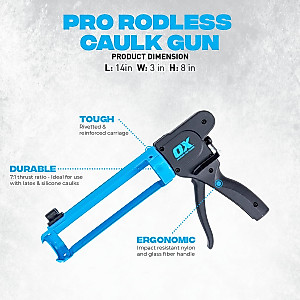 OX Tools Rodless Caulk Gun - 7:1 Thrust Ratio, Foldable Belt Clip, Patented Design, Compact for Tight Spaces, Reinforced Carriage, Glass Filled Nylon Handle, 13 1/2" Length, 10 oz Capacity…