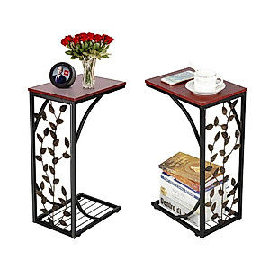 Yaheetech C Shaped End Table Set of 2 Sofa Side Tables for Living Room, Couch Tables Small Coffee Tray Snack Tables Slide Under Sofa with Elegant Leaf Design, Bronze Metal Frame and Wooden Tabletop