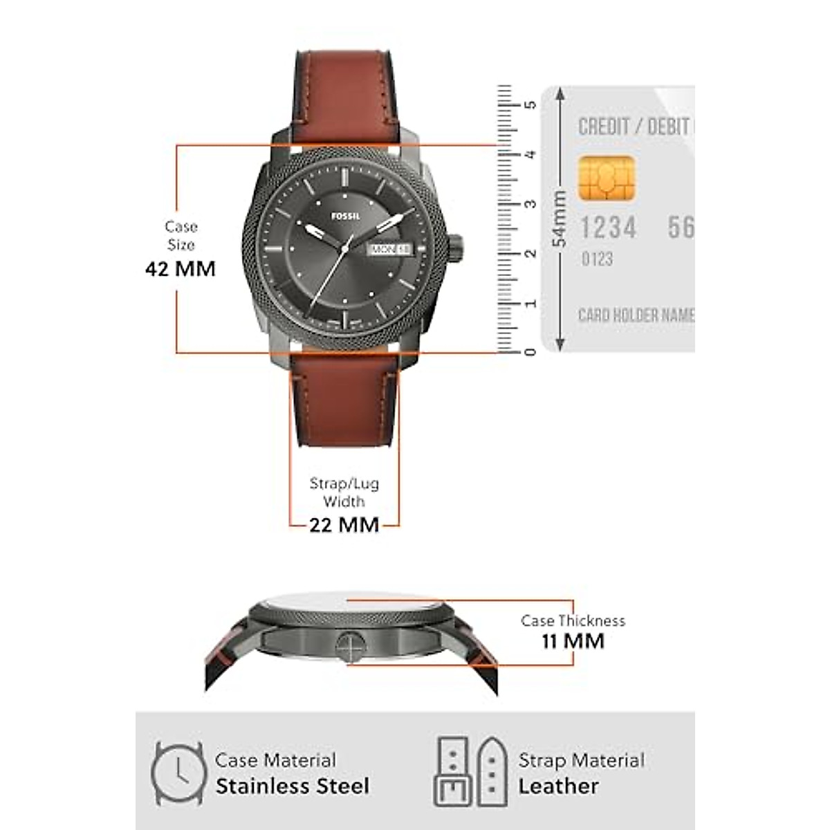 Fossil Men's Machine Quartz Stainless Steel and Leather Three-Hand Watch, Color: Smoke, Amber (Model: FS5900)