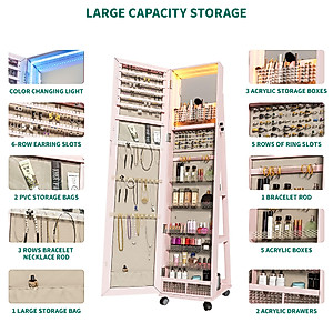 YITAHOME Mirror Jewelry Cabinet with Lights Standing Jewelry Armoire Storage Rotatable Full Length Mirror Jewelry Organizer Lockable Jewelry Armoire with Wheels for Bedroom, Cloakroom, Pink