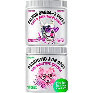 Omega 3 Alaskan Salmon Oil Treats for Dogs 120 Fish Oil Chew and Probiotics for Dogs Natural Digestive Enzymes Prebiotics for Allergy 120 Chews
