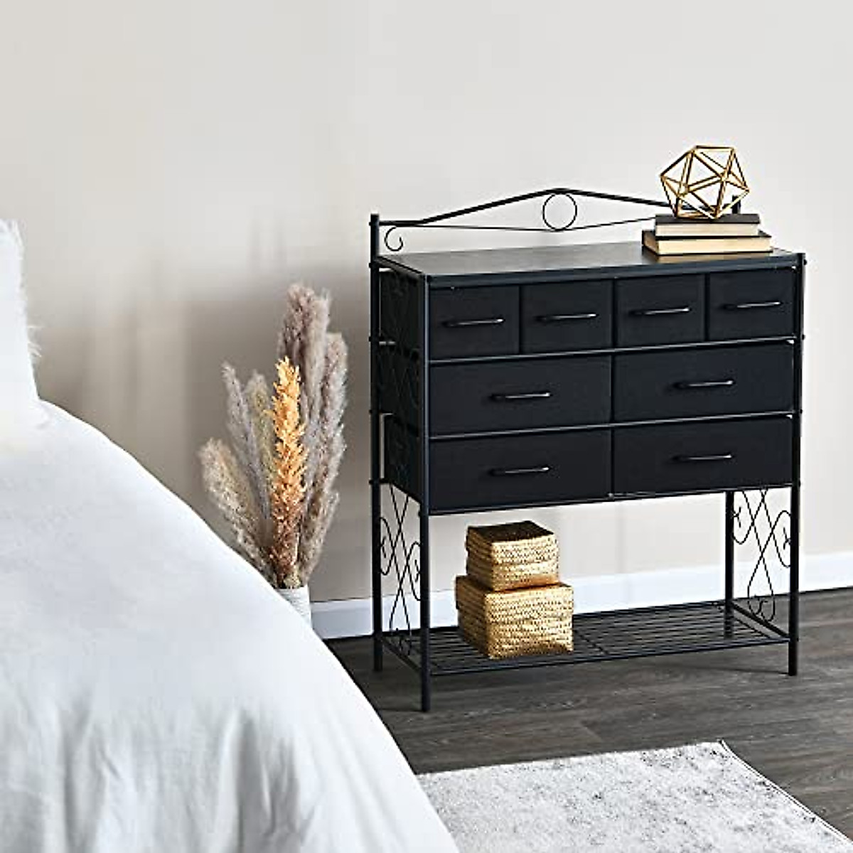 Household Essentials Victoria Dresser Table Storage Organizer with 8 Drawers and Shoe Shelf Black Metal Frame and Black Oak Wood Grain Top