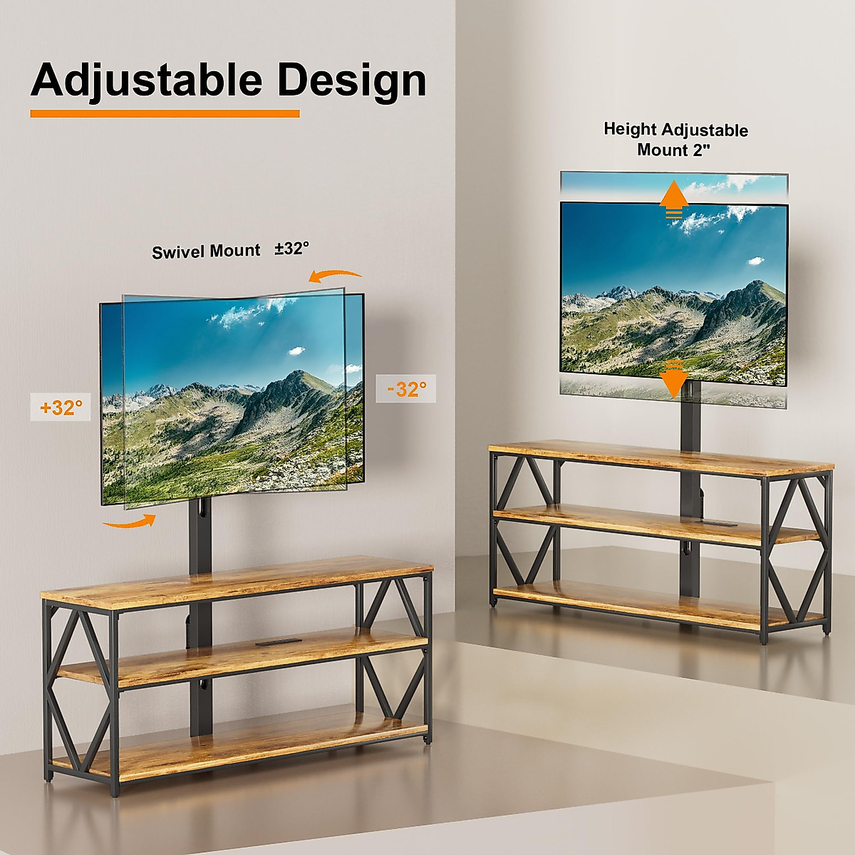 Furmax TV Stand with Mount and Power Outlet, Universal Height Adjustable Swivel TV Stand Mount for Up to 75 Inch TVs, Entertainment Center with Storage Shelves for Living Room, Rustic Brown