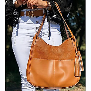 S-ZONE Women Shoulder Bag Leather Hobo Purse Medium Handbag Multi-pocket Tote with Tassel