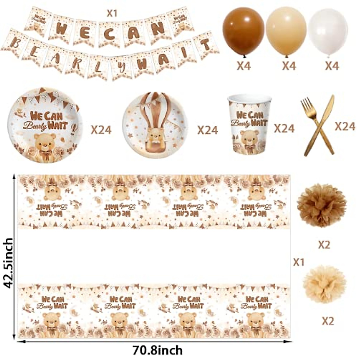 Bear Baby Shower Tableware Set Decorations Baby Party Supplies Serves 24 We Can Bearly Wait Banner Gender Reveal Party Decor Boy Girl Neutral Bear Balloons Tablecloth Backdrop Banner and Plates Set for Baby Showers Bear Theme Birthdays Party