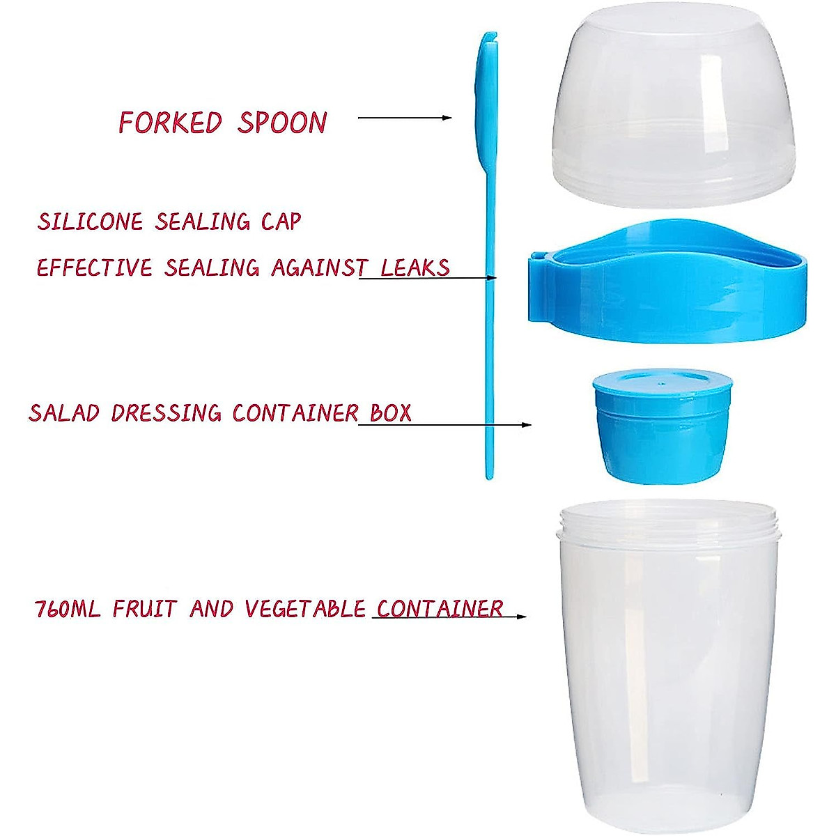 Habysedu Keep Fit Salad Meal Shaker Cup,Travel Cup with Snack Bowl, Portable Fruit and Vegetable Salad Cups Container with Fork & Salad Dressing Holder, Overnight Oats Containers with Lids(Blue)
