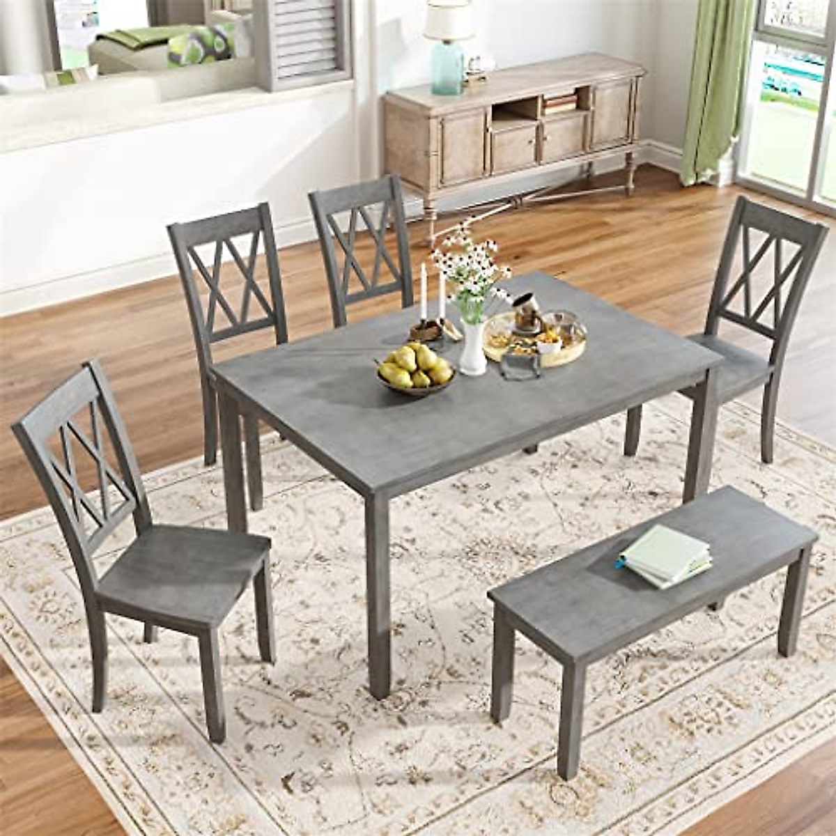 6 Piece Wooden Kitchen Dining Table Set Farmhouse Rustic Dining Table Set with Cross Back 4 Chairs and 1 Bench