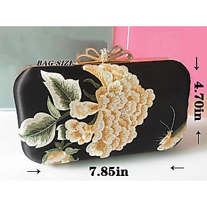 AININTON Women Embroidered Bag Silk Shoulder Bag Black Handbag Rectangle Crossbody Bag with Pearl Chain for Wedding Party Banquet